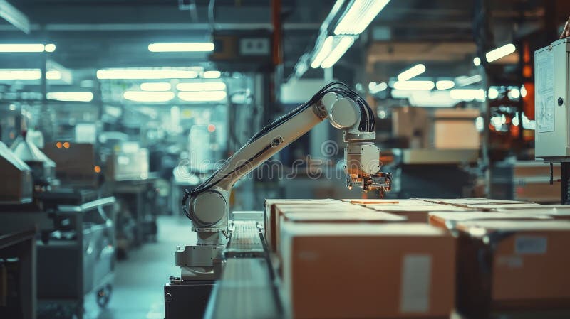Warehouse with Robotic Arm Sorting Packed Boxes Stock Illustration ...