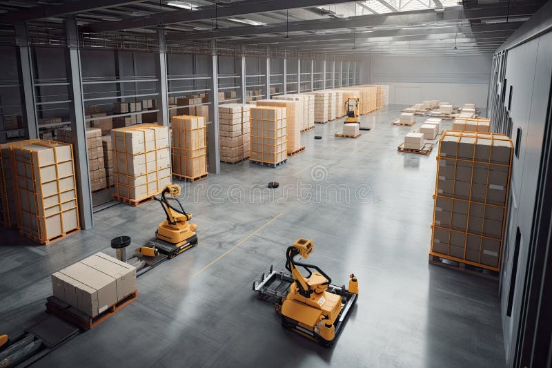 Warehouse, with Robots Moving Goods and Stacking Pallets Stock ...