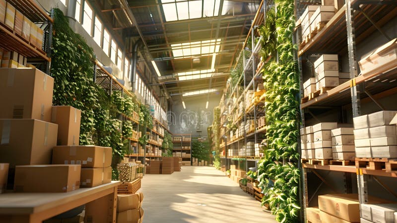 Eco-Friendly Warehouse with Vertical Garden and Skylights Stock ...