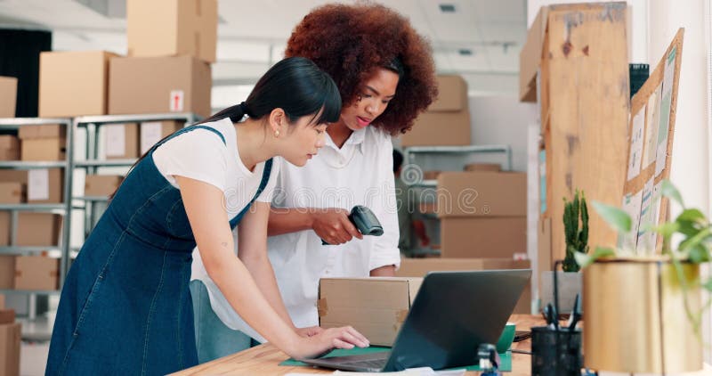 Warehouse, Scanner and Box with People in Factory for Dropshipping ...