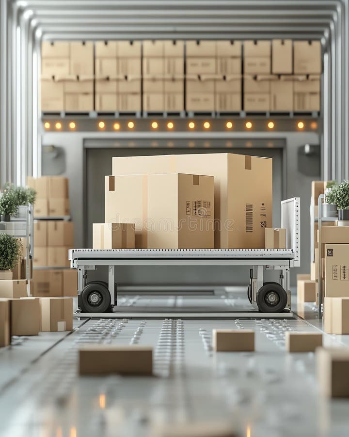 A Warehouse Scene Featuring Stacked Boxes and a Cart Transporting Cargo, Symbolizing Logistics ...