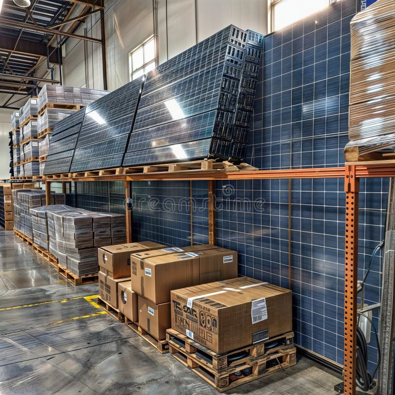 Warehouse Scene with Solar Panels and Pallets, Highlighting Sustainable ...