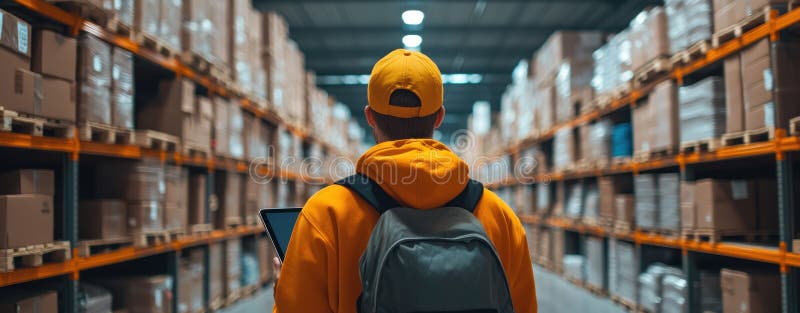 Warehouse Scene with Worker Using Tablet, Surrounded by Boxes ...