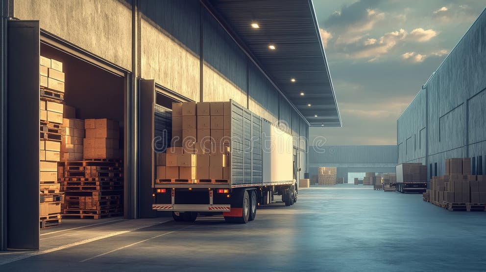 A Warehouse Serving As the Backdrop for a Delivery Truck Loading Cargo ...