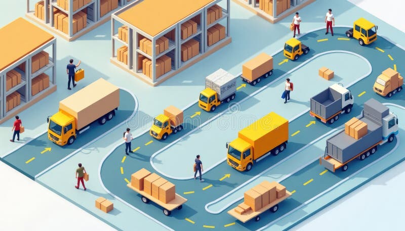 Warehouse Setting Shows Efficient Logistics Flow. Workers Move Packages ...