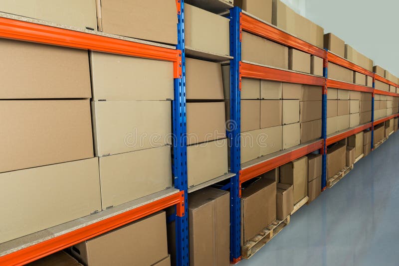Warehouse Shelf with Cardboard Boxes Stock Image - Image of equipment ...