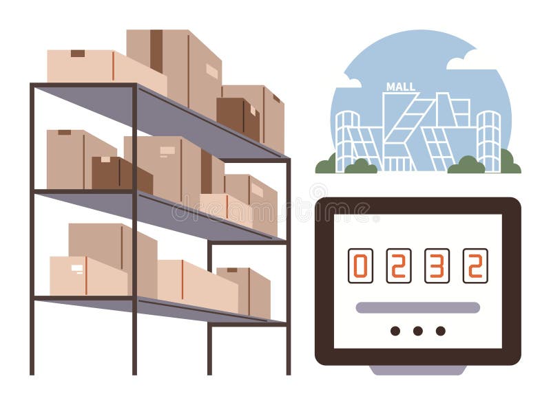 Warehouse Shelves with Boxes, Digital Counter, and Mall Building in the ...