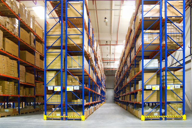 Warehouse with Shelves and Boxes Stock Photo - Image of factory ...