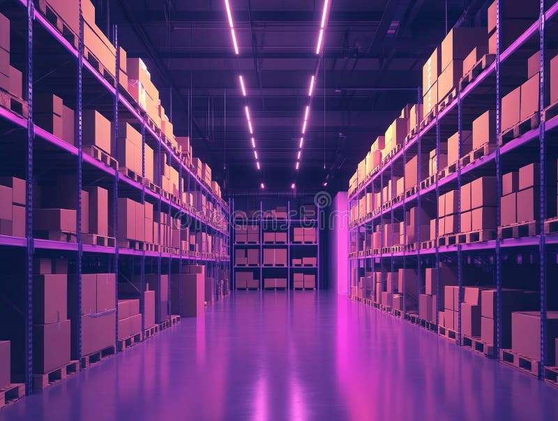 Warehouse with Shelves and Boxes in Neon Light Stock Illustration ...