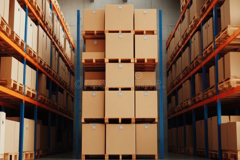 Warehouse Shelves Filled with Stacked Cardboard Boxes on Pallets Stock ...