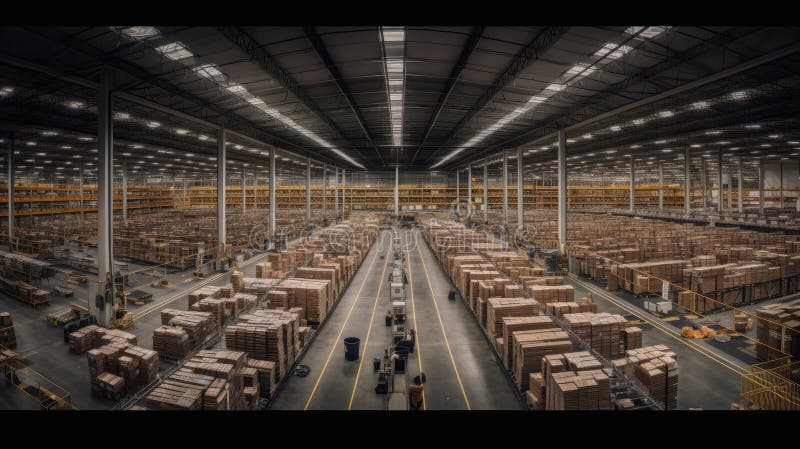 Warehouse with Shelves Full of Cardboard Boxes in Factory Stock ...