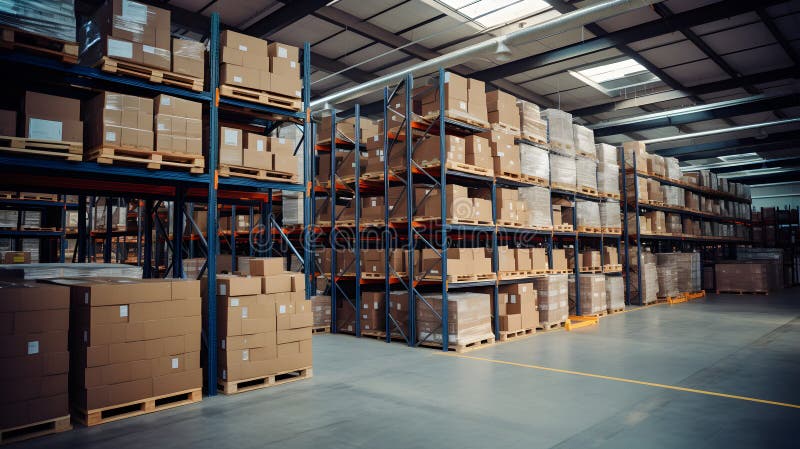 Warehouse Shelves with Stacked Cardboard Boxes Stock Photo - Image of ...