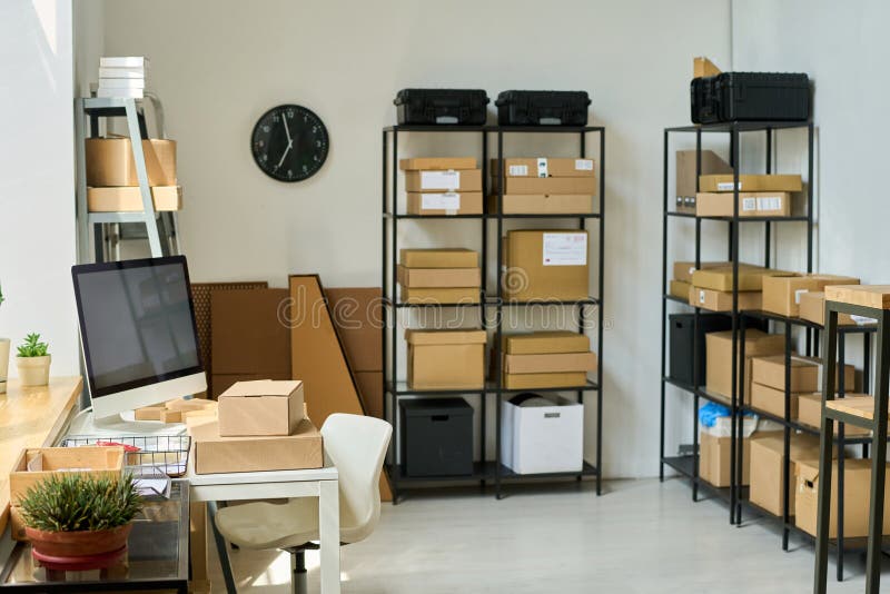 Warehouse with Shelves and Stacks of Packed Cardboard Boxes Stock Image ...