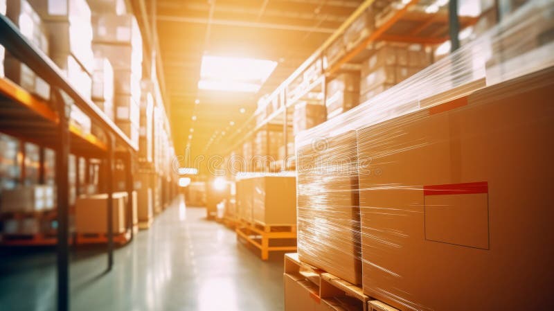 Warehouse with Shelves and Wooden Pallets, Lots of Packed Boxes Stock ...