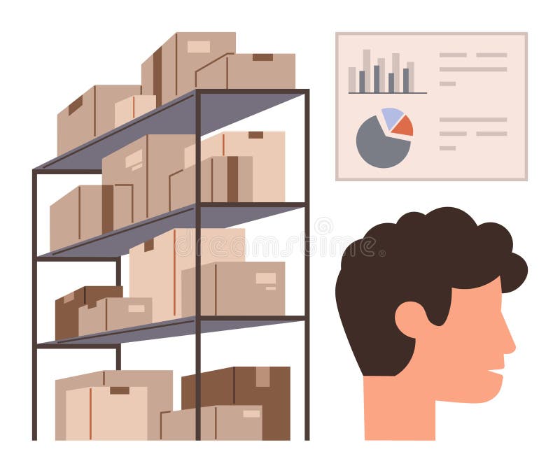 Warehouse Shelving with Boxes and Analytics Chart beside Male Profile ...