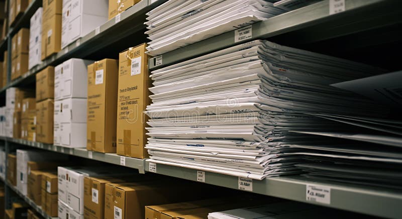 Warehouse Shelving with Cardboard Boxes and Stacks of Envelopes ...