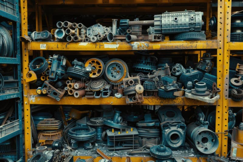 Warehouse Shelving with Various Machinery and Tools Stock Image - Image ...