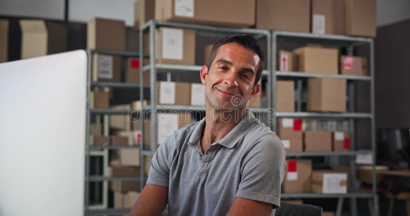 Warehouse, Shipping and Face of Man with Boxes on Computer for Delivery ...