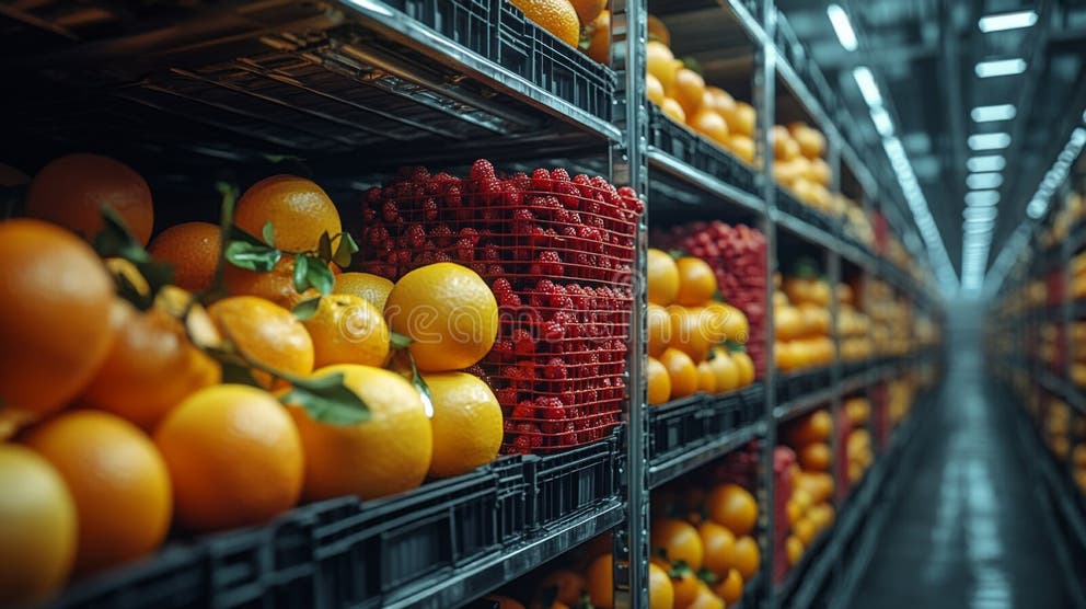 Warehouse Showcasing Organized Fruit Inventory in a Climate Controlled ...
