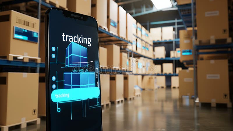 Warehouse with Smart Technology Tracking System Shown on a Smartphone ...
