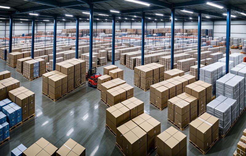 Warehouse Space. Warehouse Interior with Shelves, Pallets and Boxes ...