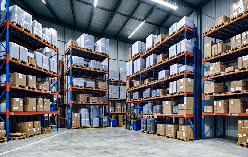Warehouse Space. Warehouse Interior with Shelves, Pallets and Boxes ...