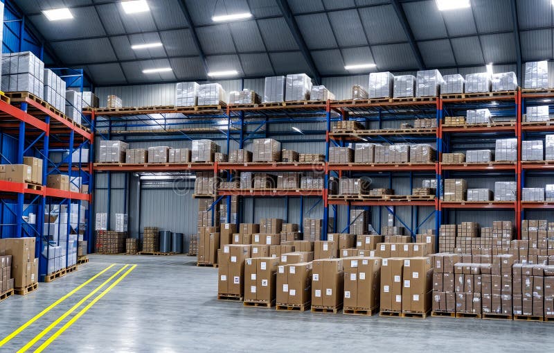 Warehouse Space. Warehouse Interior with Shelves, Pallets and Boxes ...