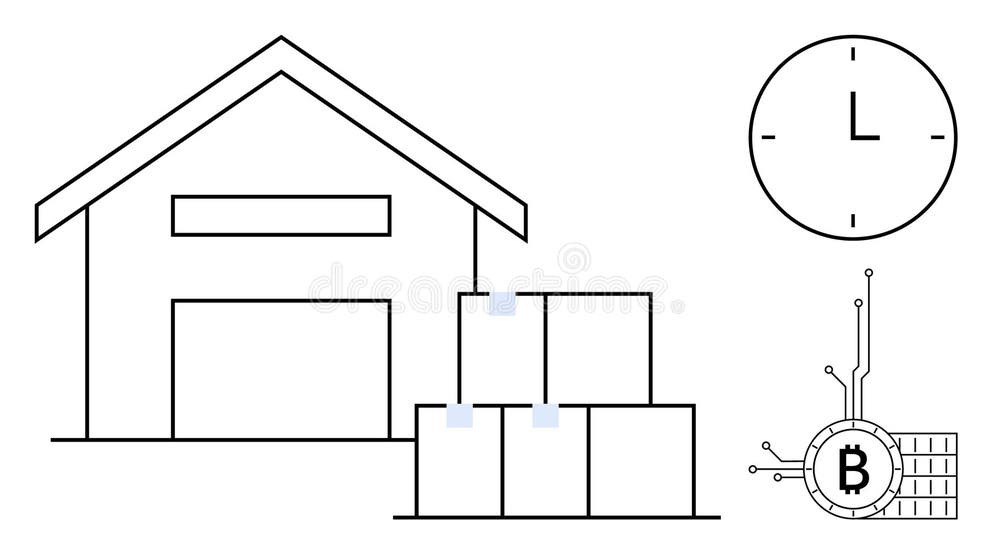 Warehouse with Stacked Boxes, Clock, and Bitcoin Symbol Stock Vector ...