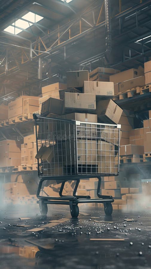 Warehouse with Stacked Cardboard Boxes and a Shopping Cart Stock Photo ...