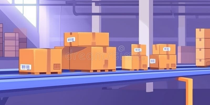 Warehouse with Stacked Orange Boxes on Conveyor Belt, Organized Storage ...