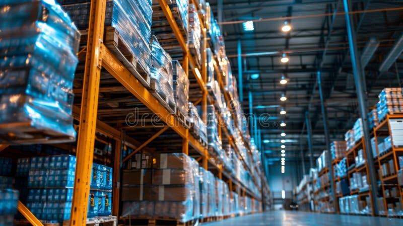 Warehouse with Stacked Pallets and Shelving Stock Image - Image of ...