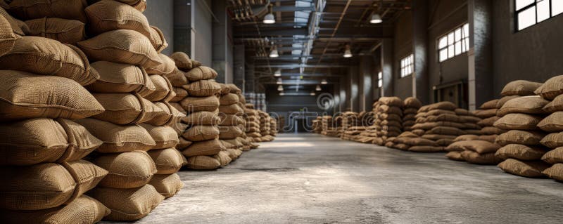Warehouse with Stacks of Burlap Sacks in an Industrial Setting ...