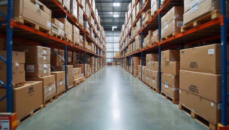 Warehouse with Stacks of Cardboard Boxes on Shelves Stock Image - Image ...
