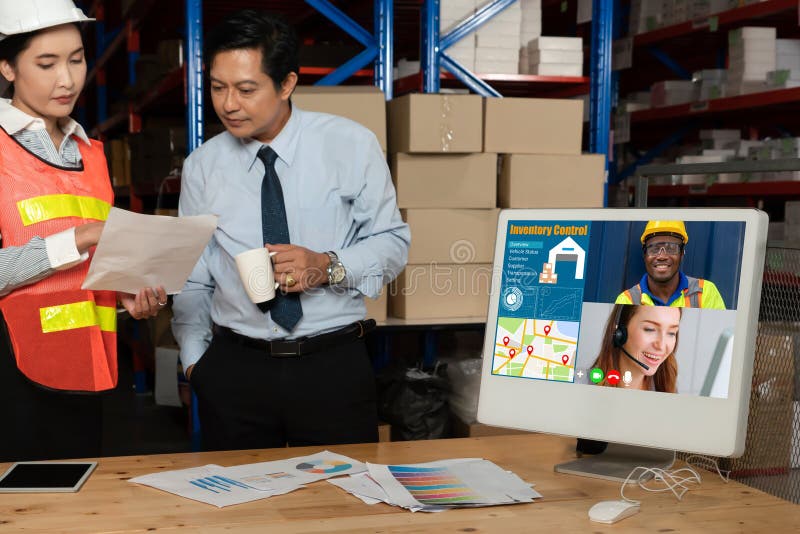 Warehouse Staff Talking on Video Call at Computer Screen in Storage ...