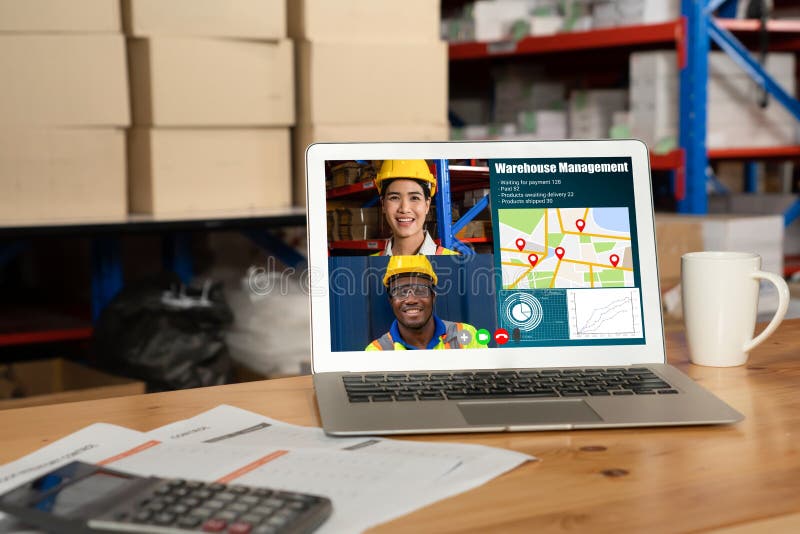 Warehouse Staff Talking on Video Call at Computer Screen in Storage ...