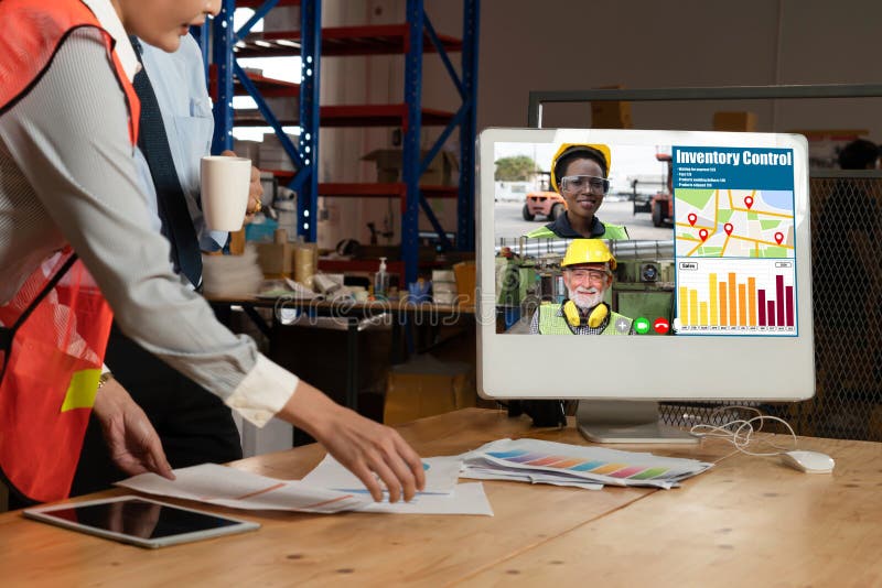Warehouse Staff Talking on Video Call at Computer Screen in Storage ...