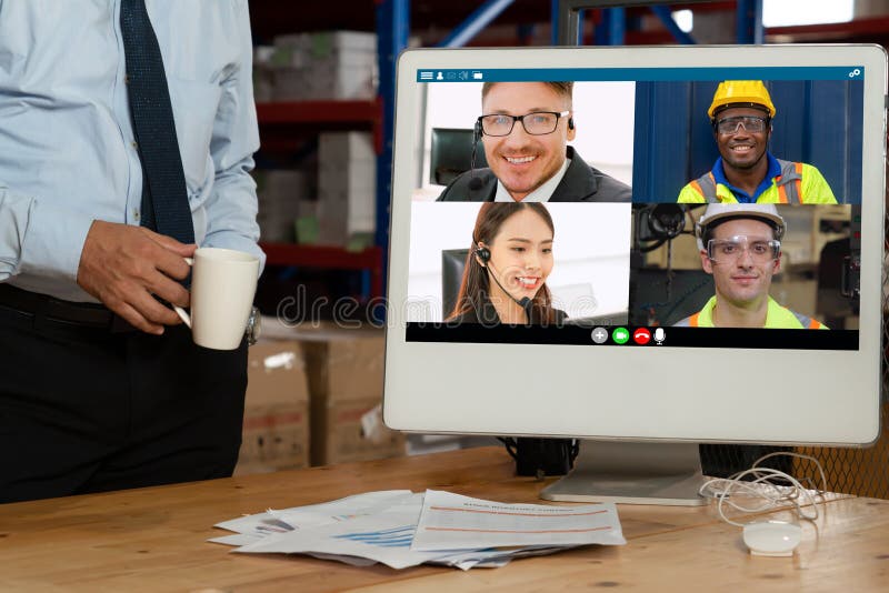 Warehouse Staff Talking on Video Call at Computer Screen in Storage ...