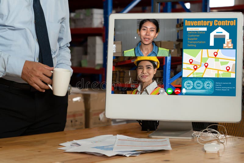 Warehouse Staff Talking on Video Call at Computer Screen in Storage ...