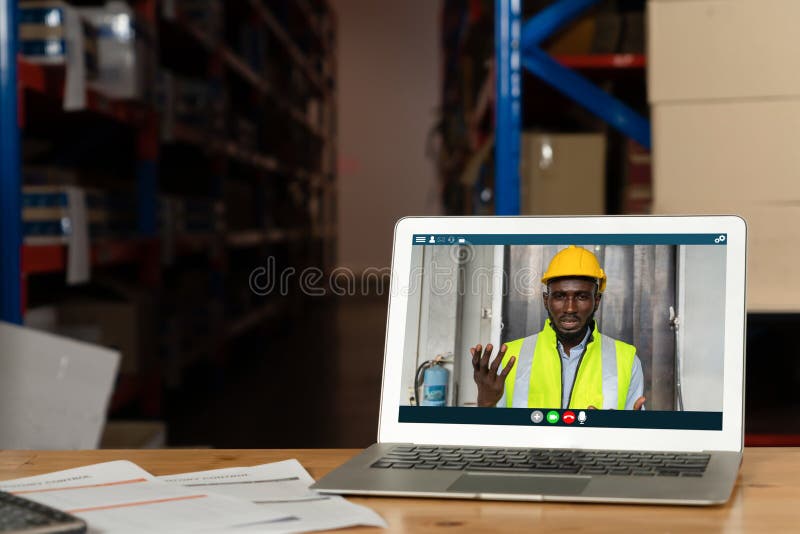 Warehouse Staff Talking on Video Call at Computer Screen in Storage ...