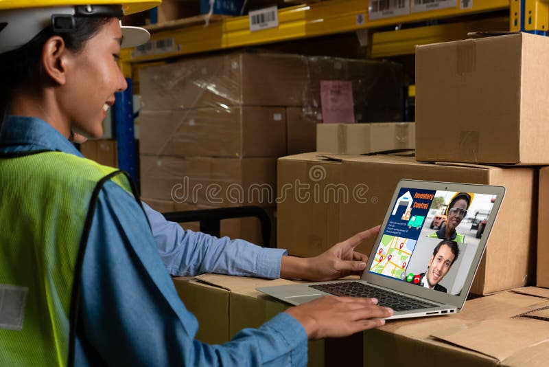 Warehouse Staff Talking on Video Call at Computer Screen in Storage ...