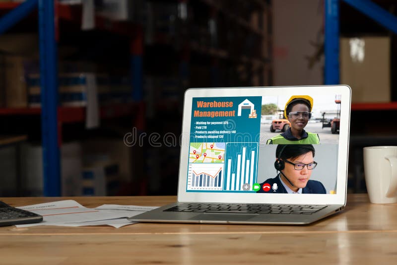 Warehouse Staff Talking on Video Call at Computer Screen in Storage ...