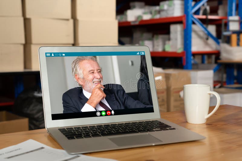 Warehouse Staff Talking on Video Call at Computer Screen in Storage ...