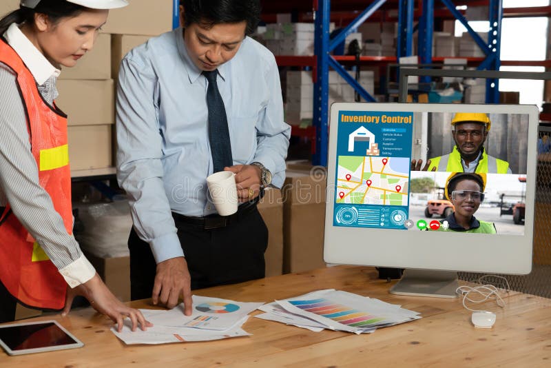 Warehouse Staff Talking on Video Call at Computer Screen in Storage ...