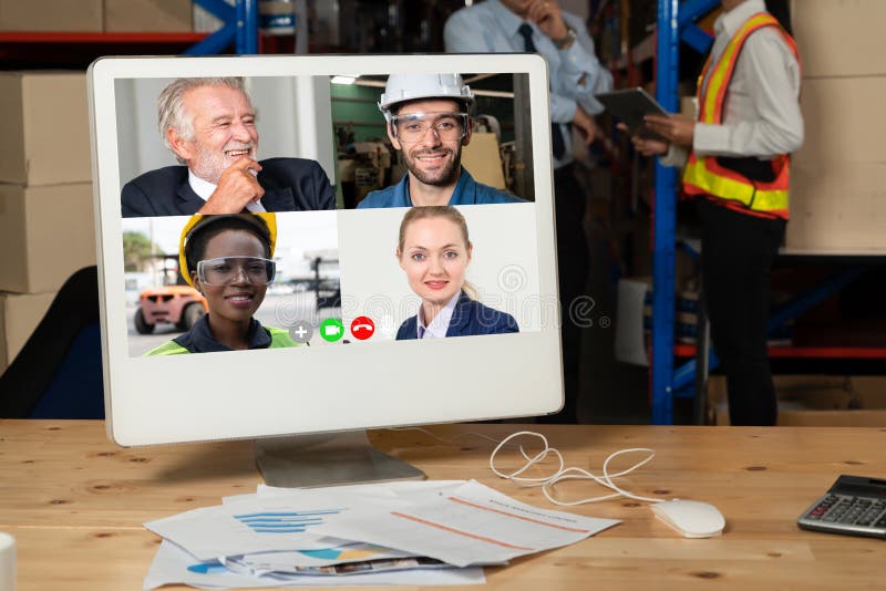 Warehouse Staff Talking on Video Call at Computer Screen in Storage ...