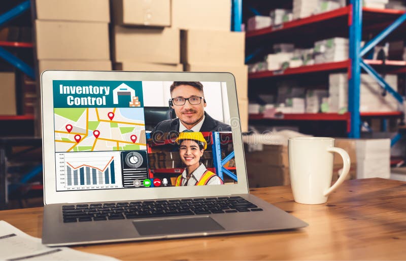 Warehouse Staff Talking on Video Call at Computer Screen in Storage ...
