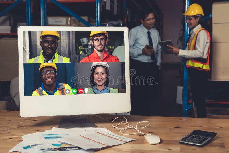 Warehouse Staff Talking on Video Call at Computer Screen in Storage ...