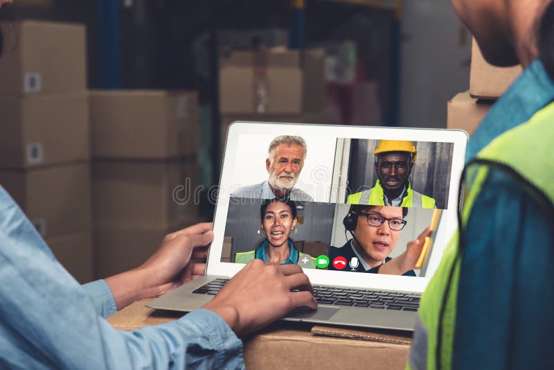 Warehouse Staff Talking on Video Call at Computer Screen in Storage ...
