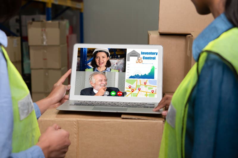 Warehouse Staff Talking on Video Call at Computer Screen in Storage ...