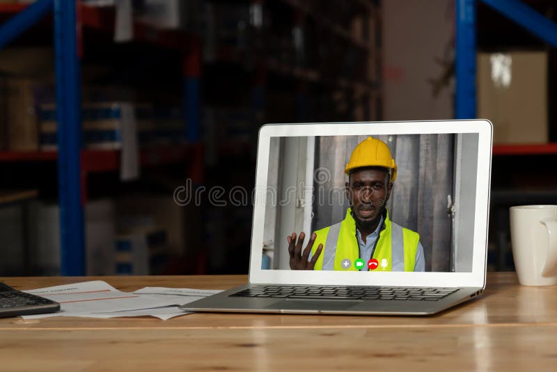 Warehouse Staff Talking on Video Call at Computer Screen in Storage ...