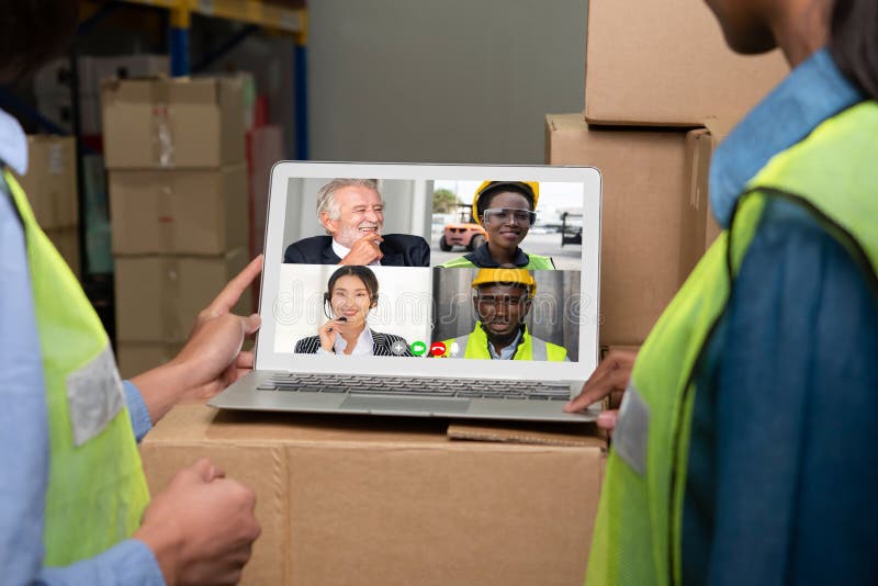 Warehouse Staff Talking on Video Call at Computer Screen in Storage ...